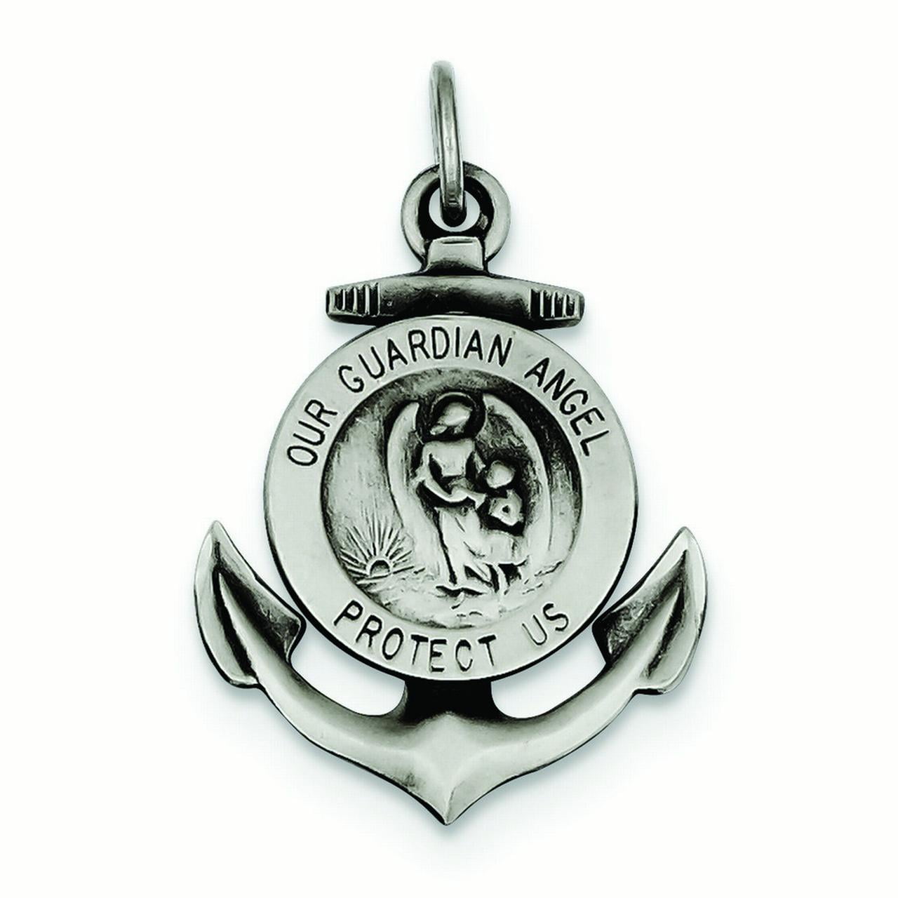 JewelryWeb - Sterling Silver Antiqued Guardian Angel Anchor Medal ...