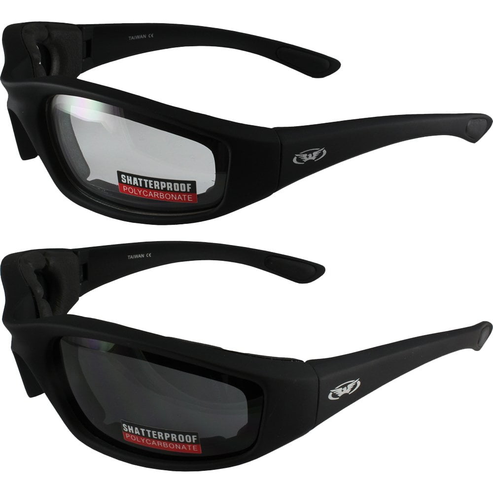 Two (2) Pairs Kickback Padded Motorcycle Sunglasses Black Frame Clear ...