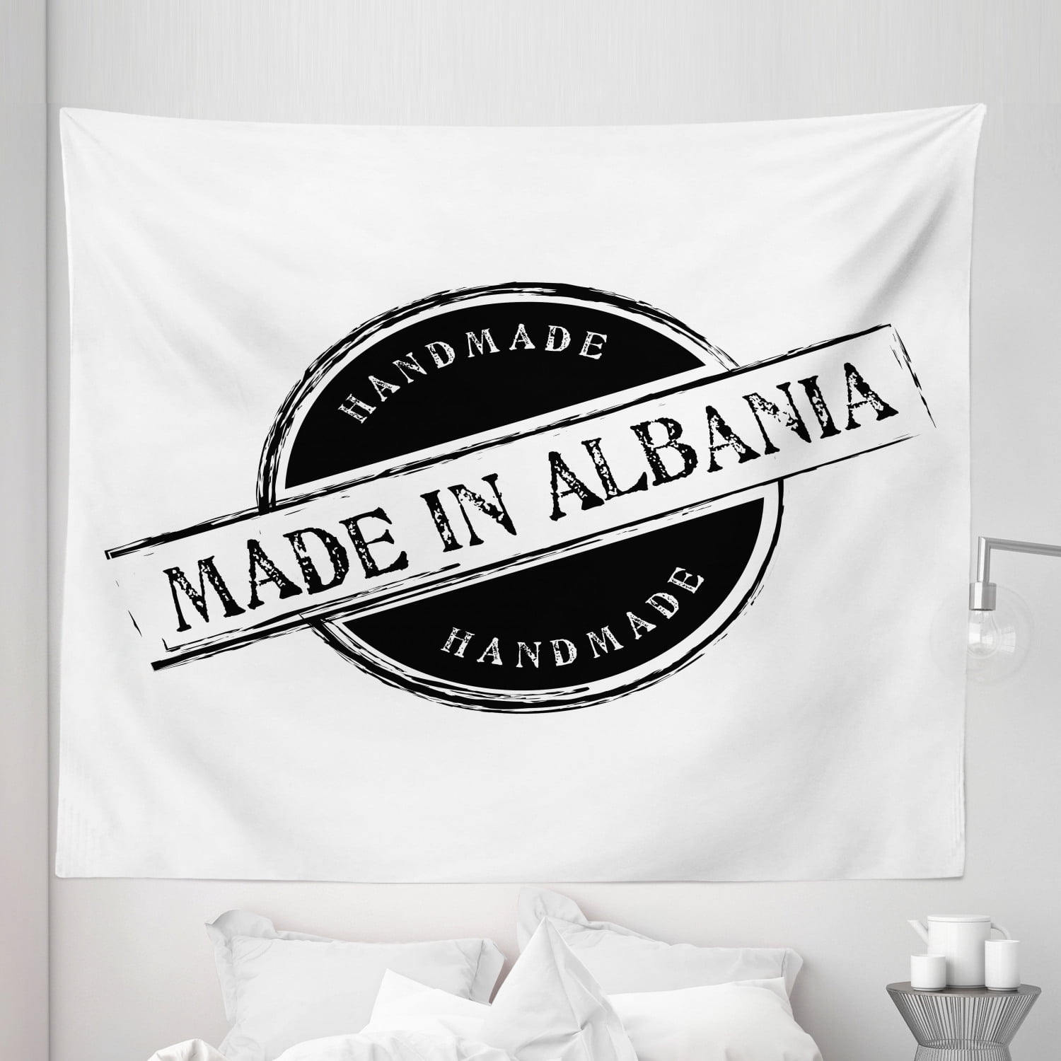 Albania Tapestry, Monochrome Illustrated of Made In Lettering Stamp ...