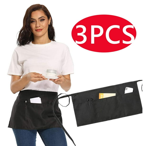 Aprons with Pockets for Women Waitress Server Aprons with 3 Pockets Water Resistant Half Waist ...