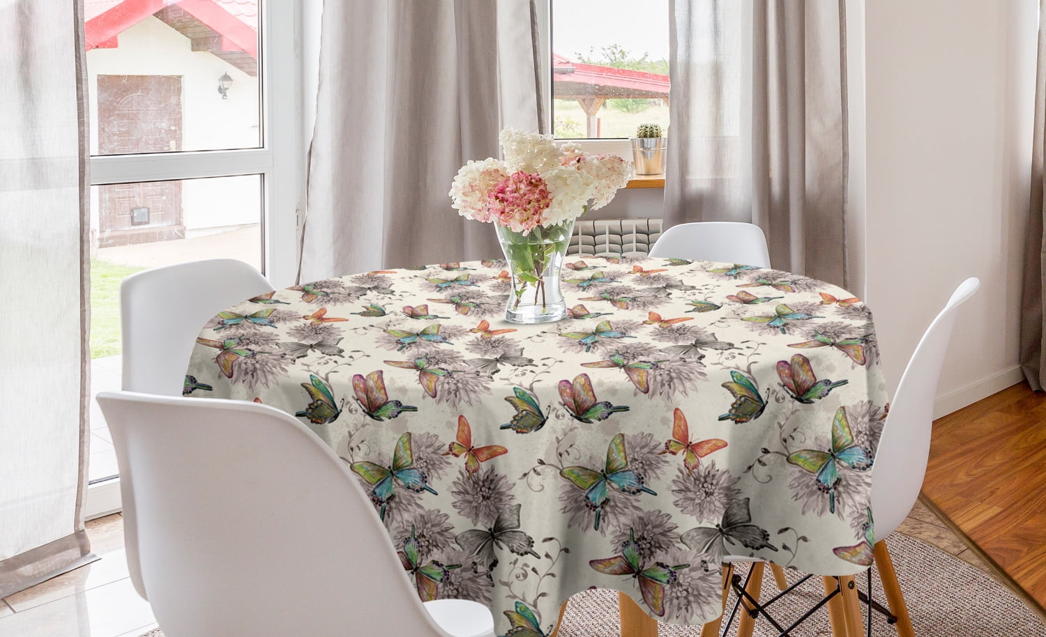 Butterfly Round Tablecloth, Flying Animals Hand Drawn Watercolor Effect ...