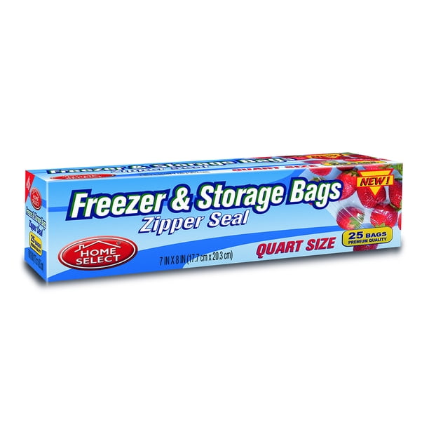 Home Select Freezer & Storage Bags, Zipper Seal, Quart Size, 25 Ct ...