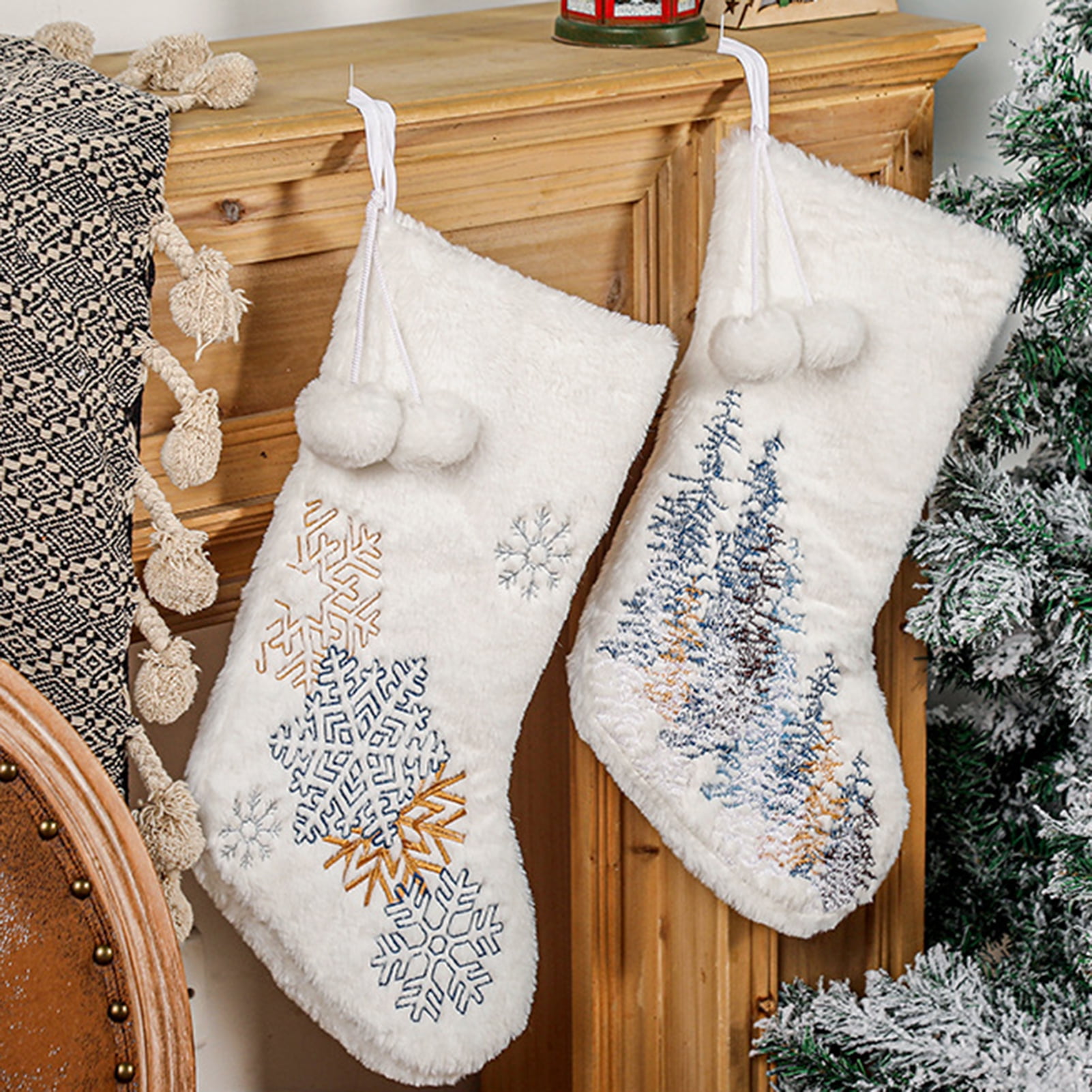 Vnanda White Christmas Stockings Large Faux Fur Silver Snowflake ...