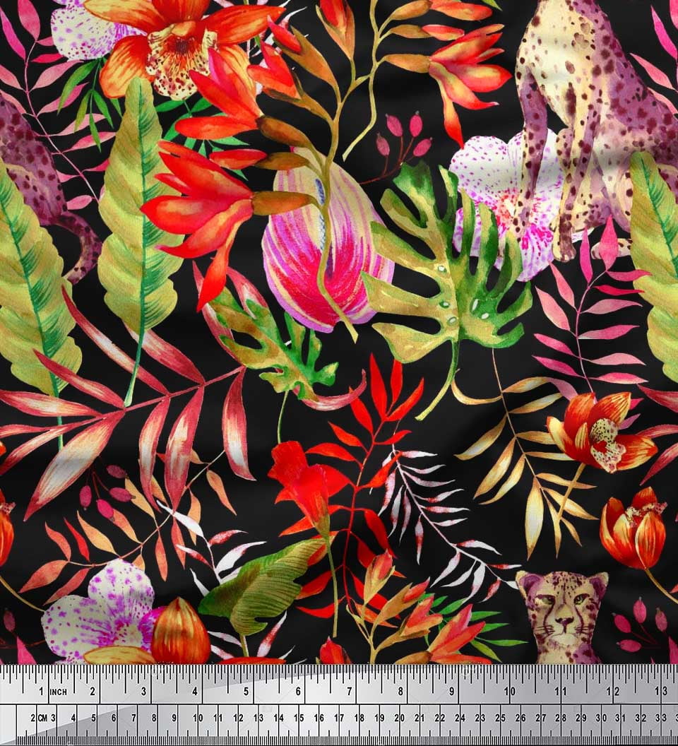 Soimoi Black Cotton Duck Fabric Leaves,Floral & Leopard Jungle Print ...