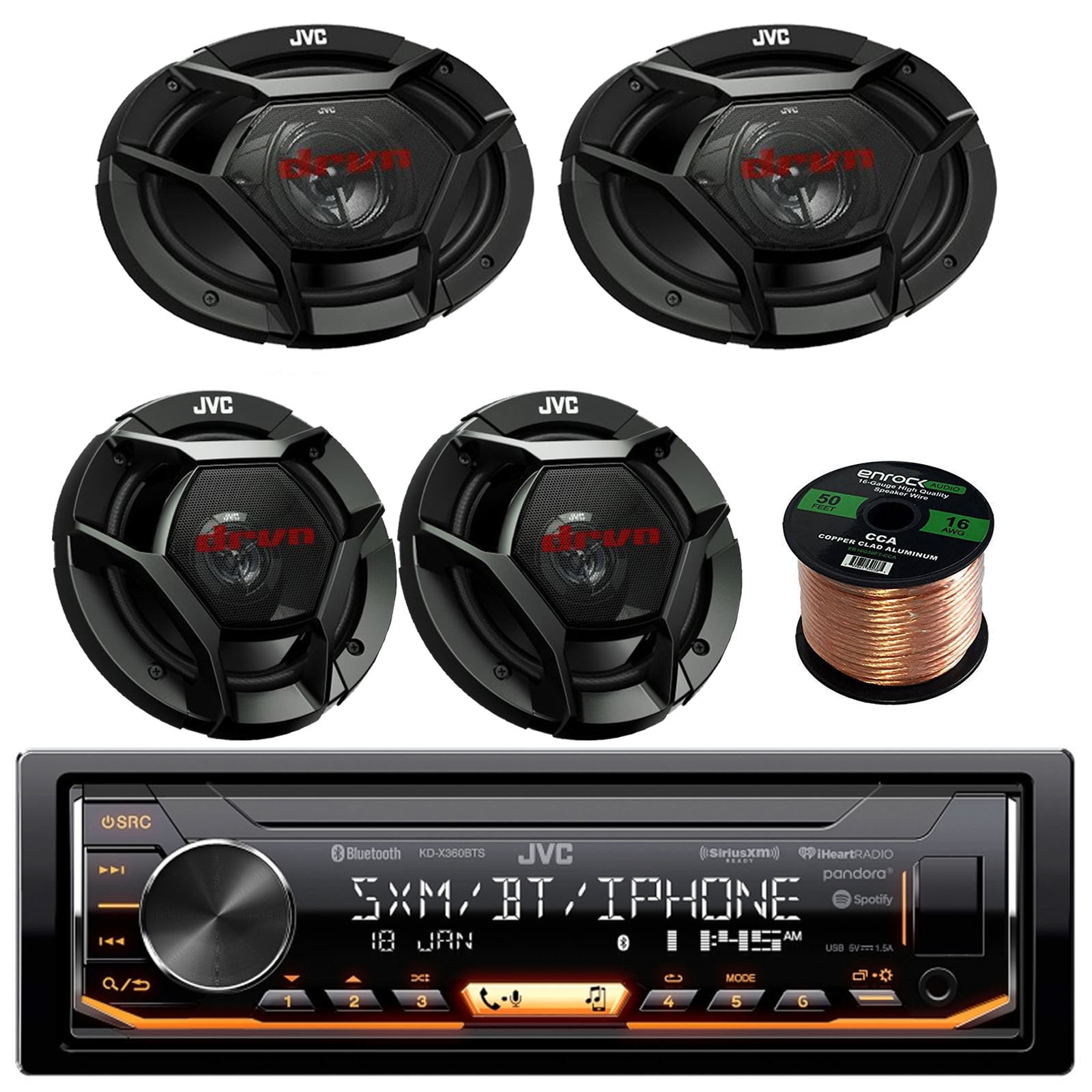 jvc kd-x360bts single-din am/fm usb aux car stereo receiver bundle combo with 2x jvc cs-dr6930 ...