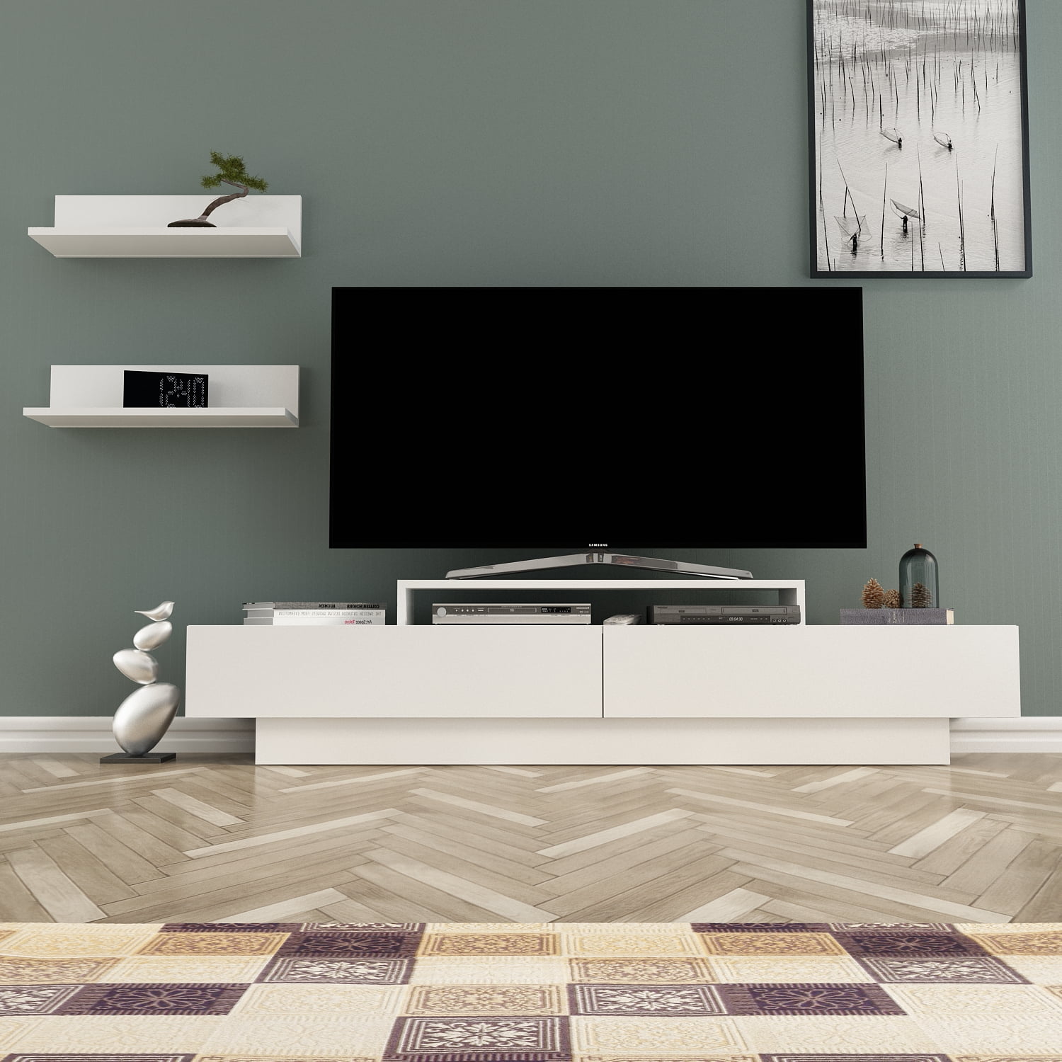 Lusi 71" Modern Wide Rectangle TV Stand, Wood, Melamine Veneer, White ...
