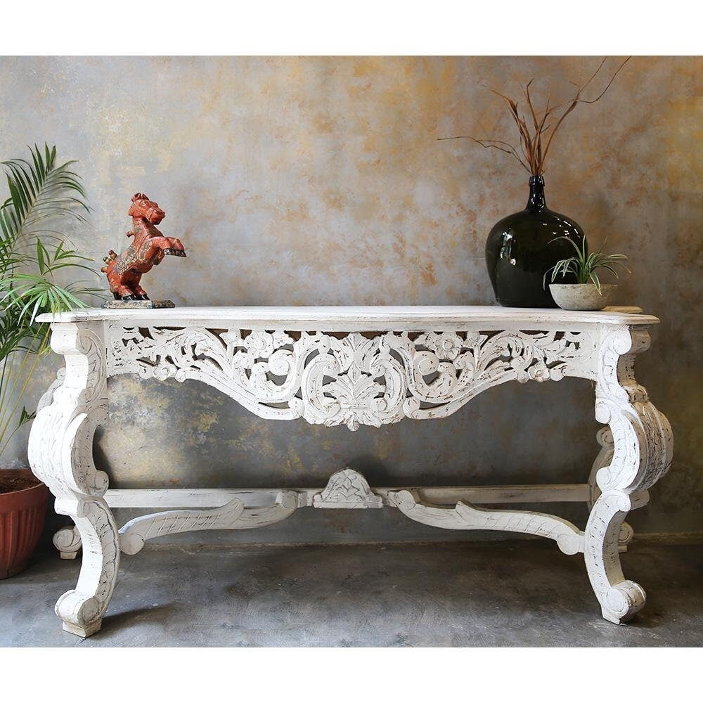 French style handcarved wooden console white distress finish, White ...