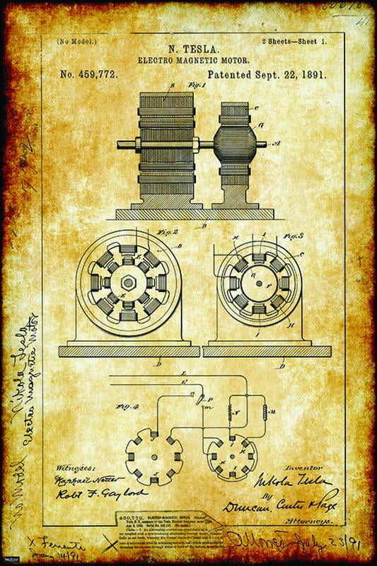 1891 Tesla Electric Motor Patent Technical Drawing Schematic Home Decor ...