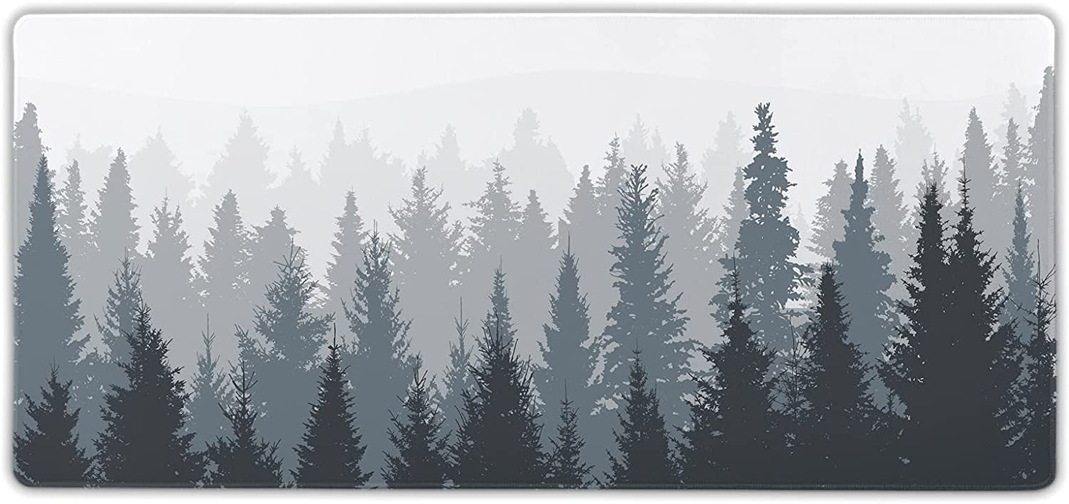Misty Forest Desk Pad Protector - Large Gray Grey Blue Tree Gaming ...