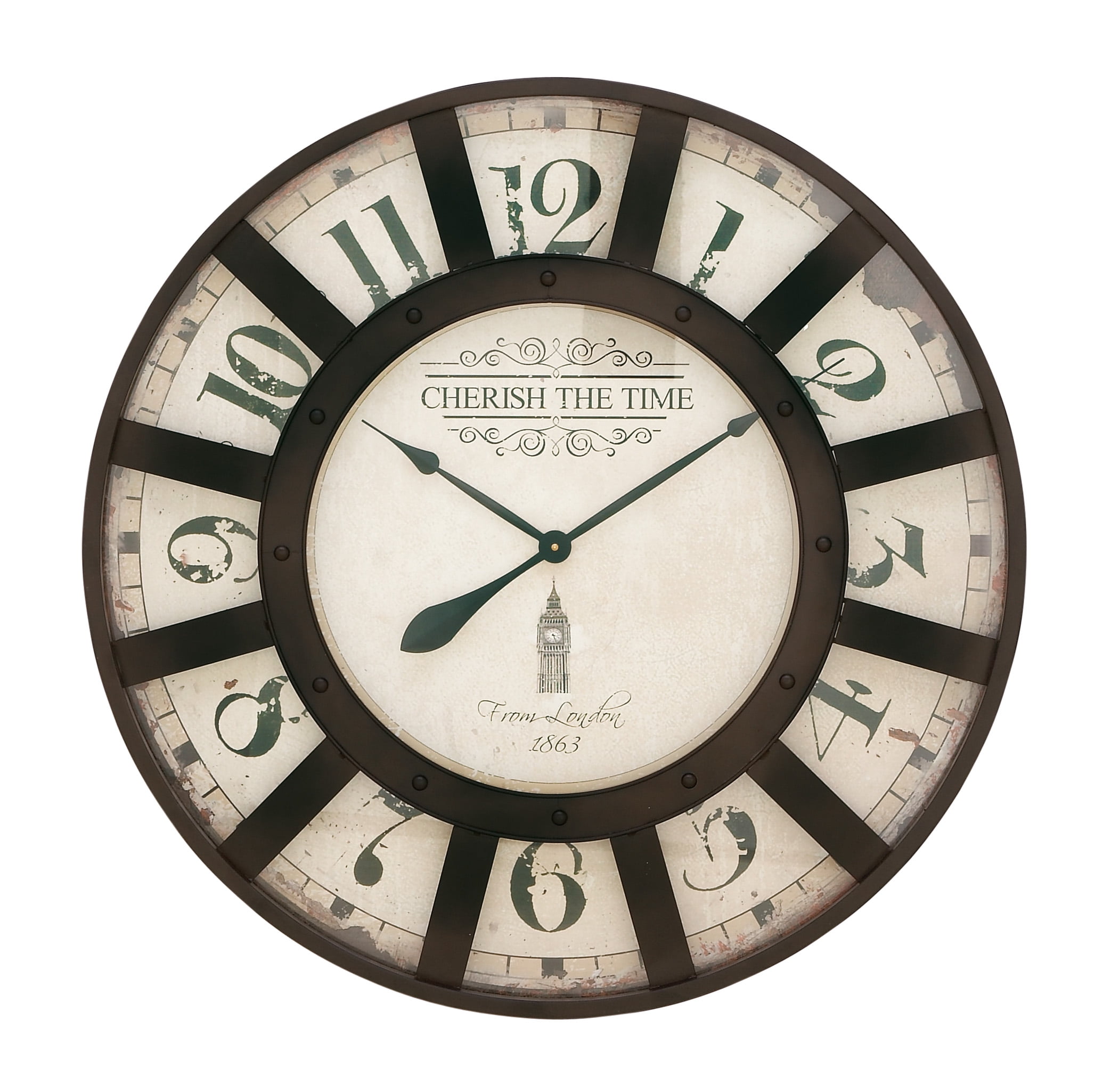 Decmode Industrial 32 Inch Distressed Iron And Glass Round Wall Clock ...