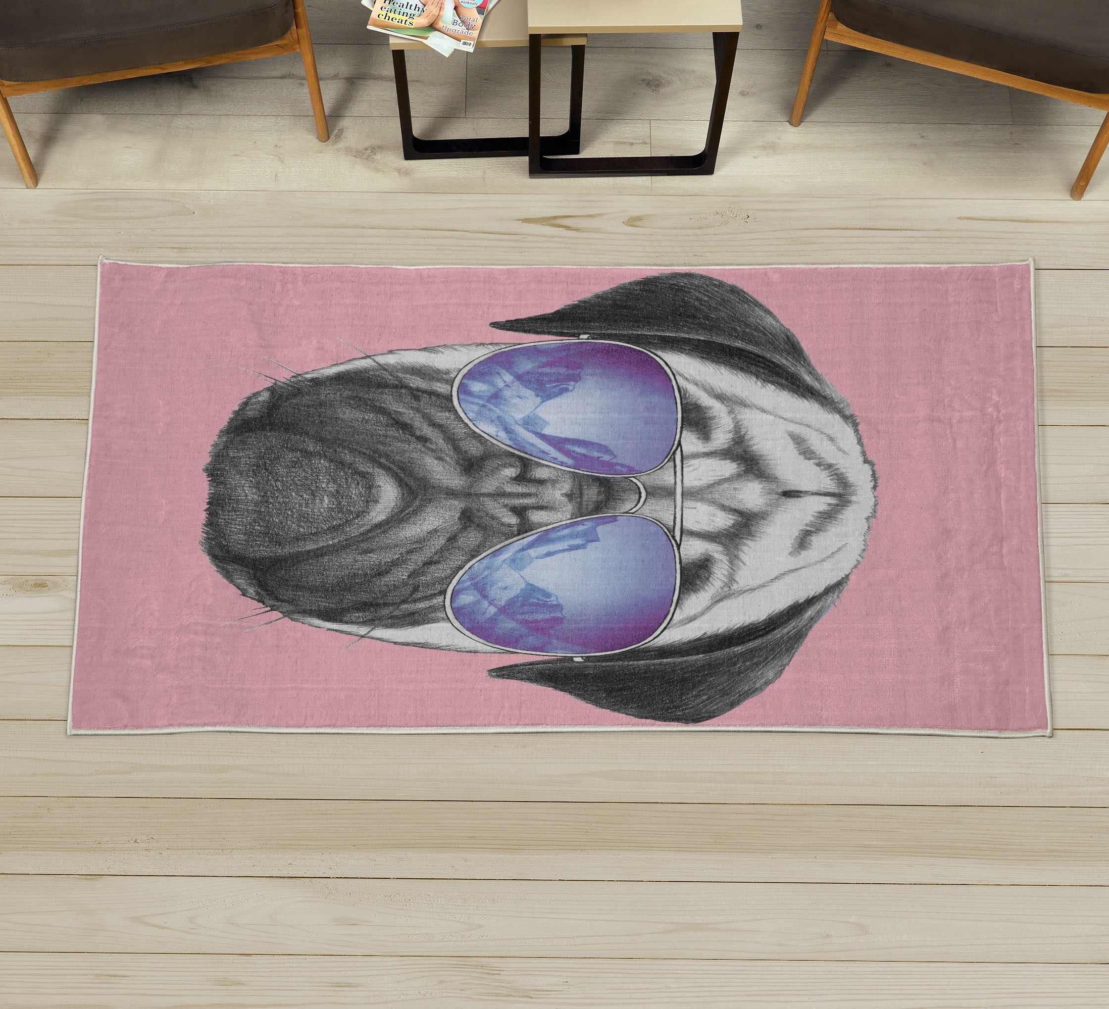 Pug Decorative Rug, Dog Portrait Mirror Sunglasses Hand Drawn ...