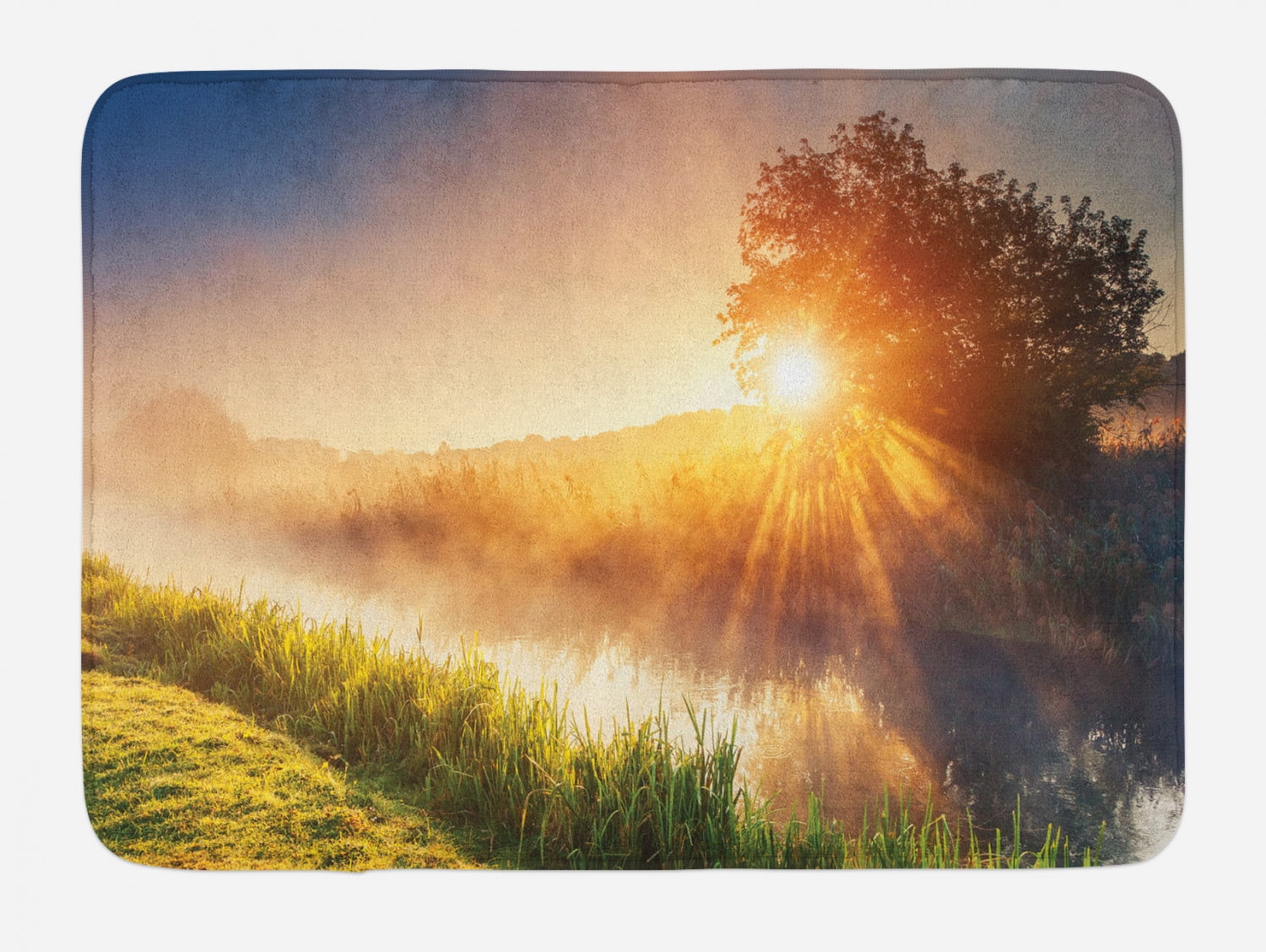 Nature Bath Mat, Magical River with the Grass in Sun Rays Beams Tree ...