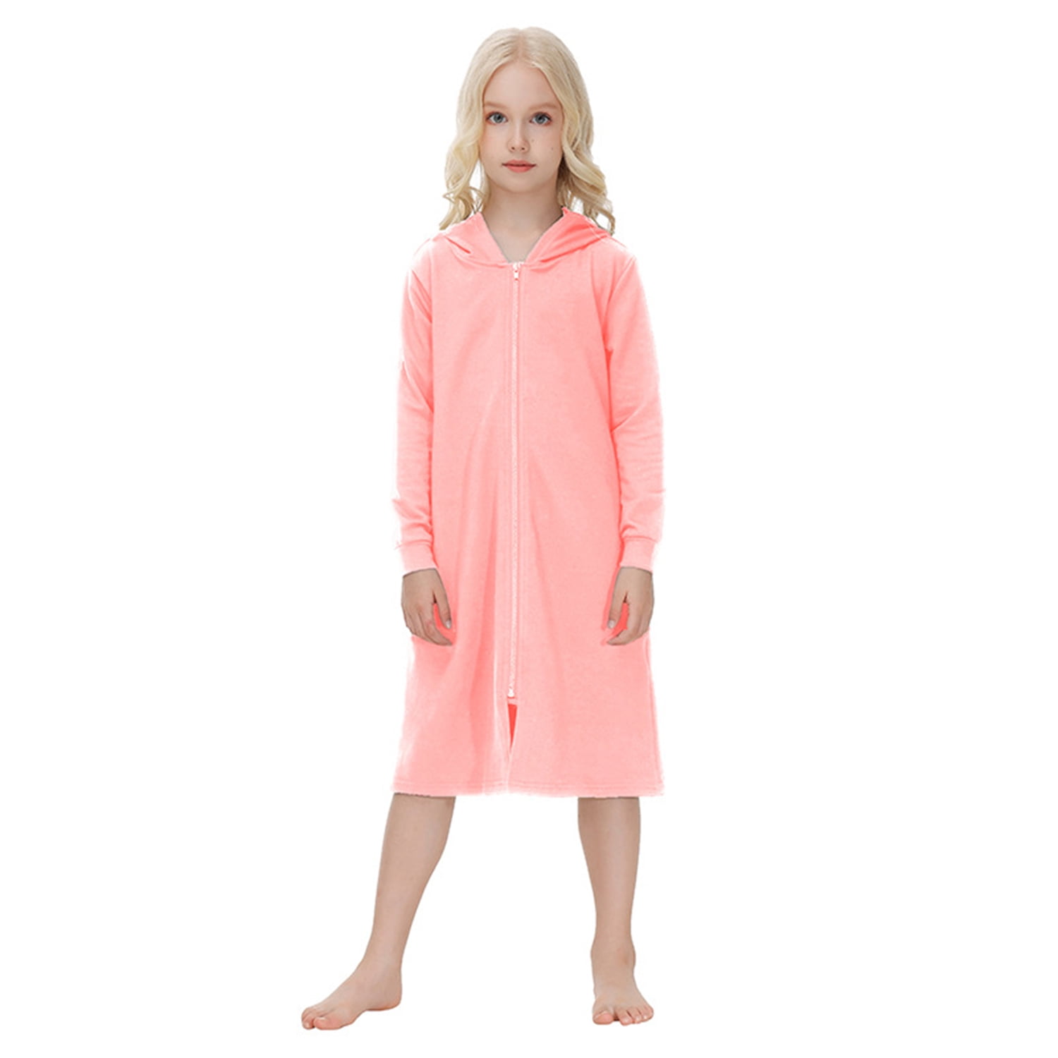 Girls Zipper Front Robes Long Sleeve Hooded Housecoat Long Housedress ...