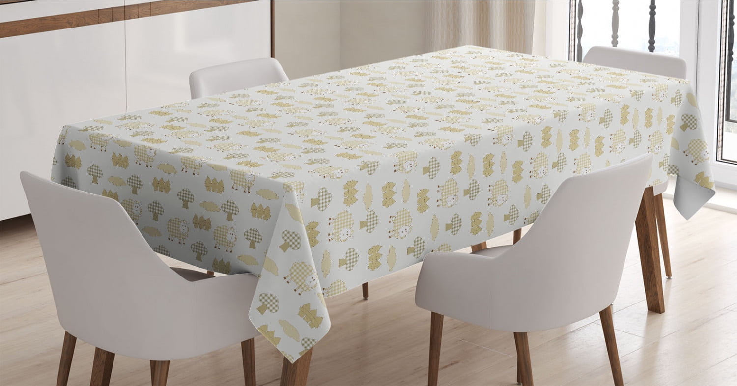 Sheep Tablecloth, Sheep Characters with Checkered Patterns Little Trees ...