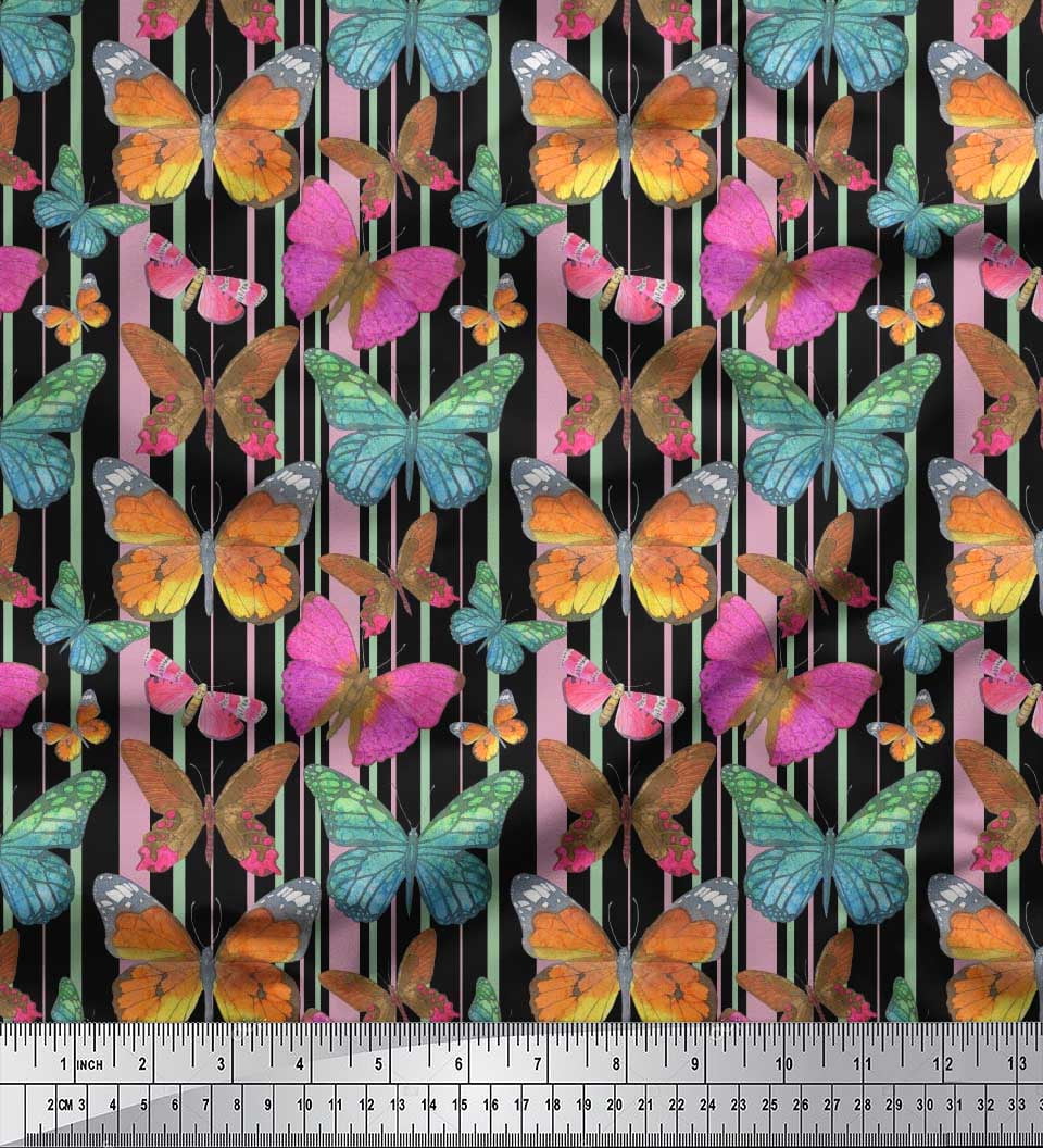 Soimoi Cotton Voile Fabric Stripes & Butterfly Printed Fabric 1 Yard 56 ...