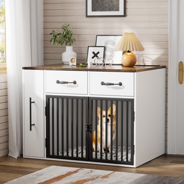Homfa XL Wooden Dog Crate, Indoor Pet House with Storage Cabinet and 2 ...