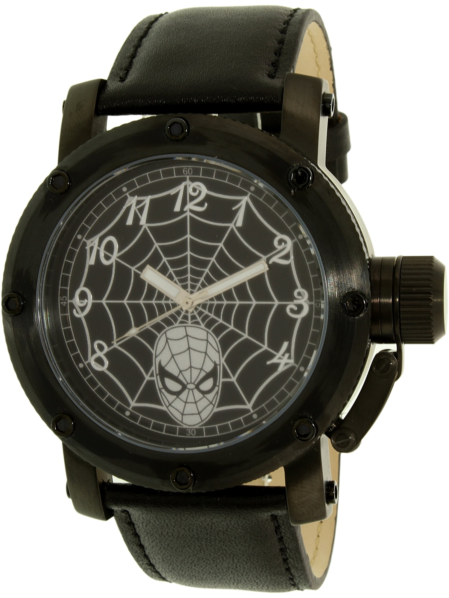 Men's Spider-Man SPM149 Black Leather Quartz Fashion Watch - Walmart.com