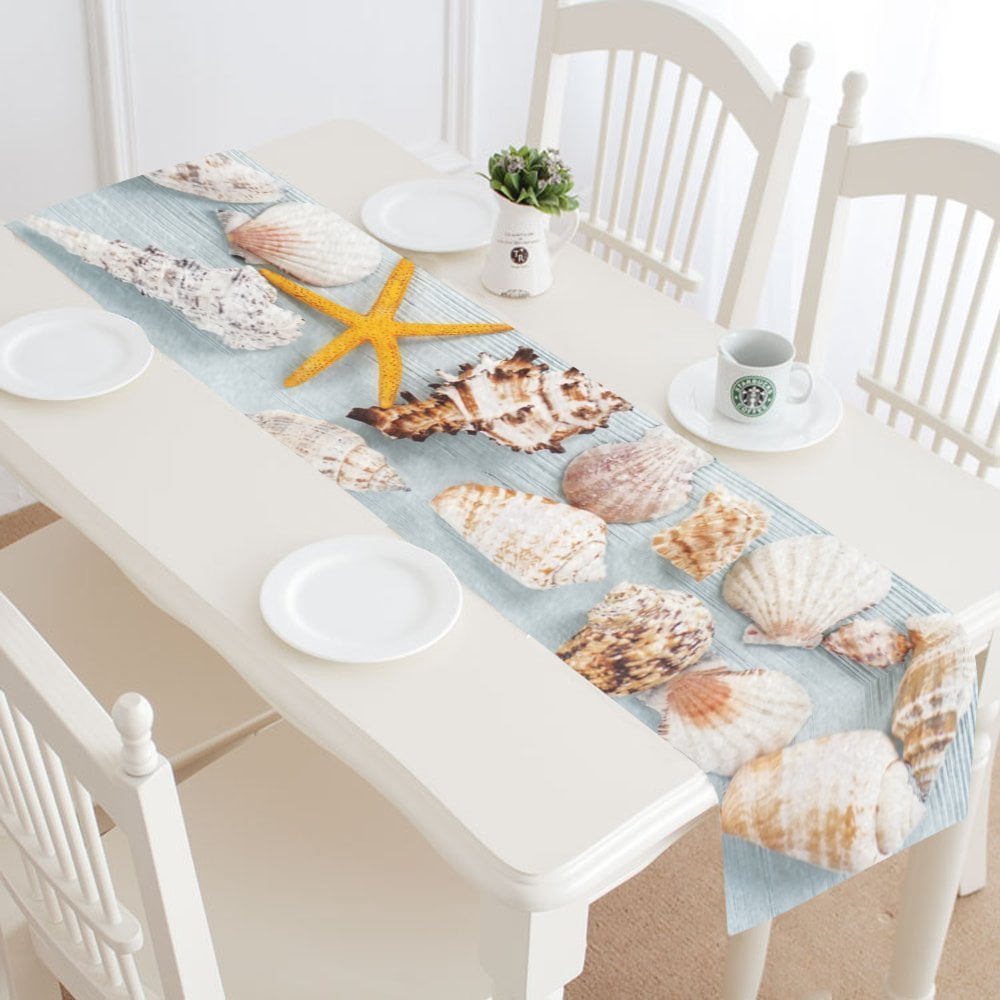 MYPOP Blue Wooden Seashells Table Runner Home Decor 16x72 Inch, Sandy ...