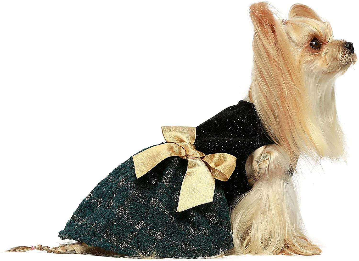 Fitwarm Golden Plaid Dog Dress Doggie Skirt Girl One-Piece with Bowknot ...