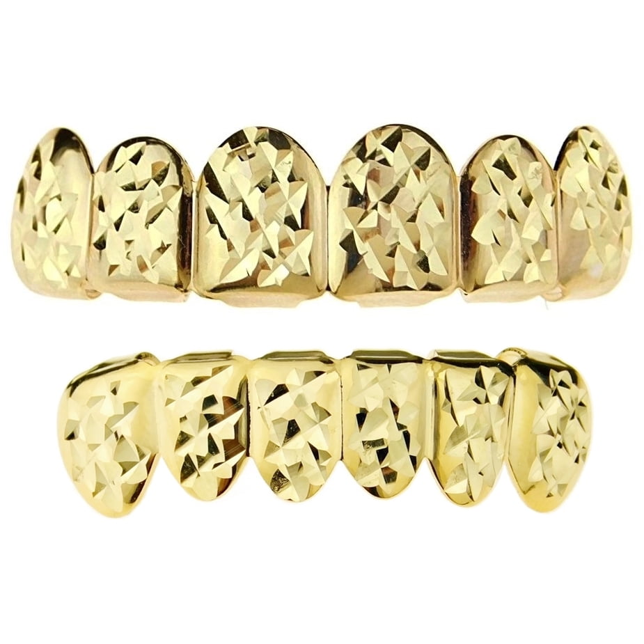 14k Gold Plated Grillz Set Diamond-Cut Bling Grill Top & Bottom Teeth ...