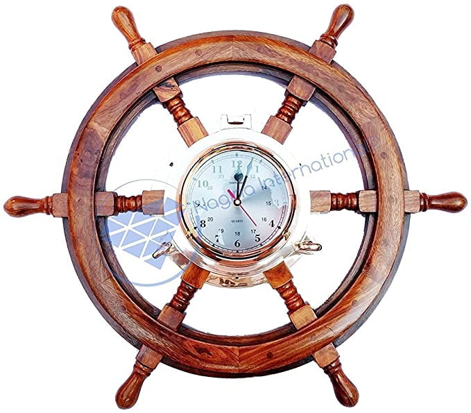 Wooden Ship Wheel - Mounted Jhanjhat Solid Brass Porthole Clock (Silver ...