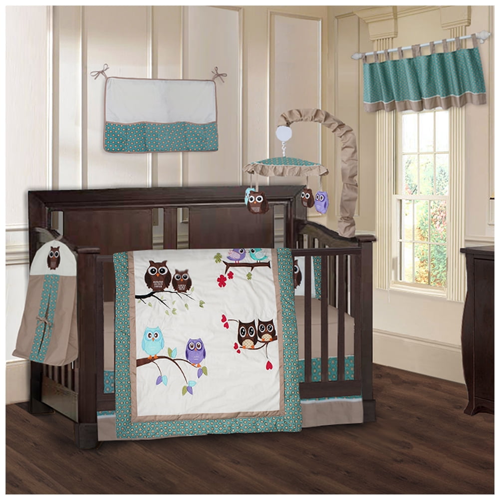 BabyFad Owl Turquoise 9 Piece Crib Bedding Set - Walmart.com