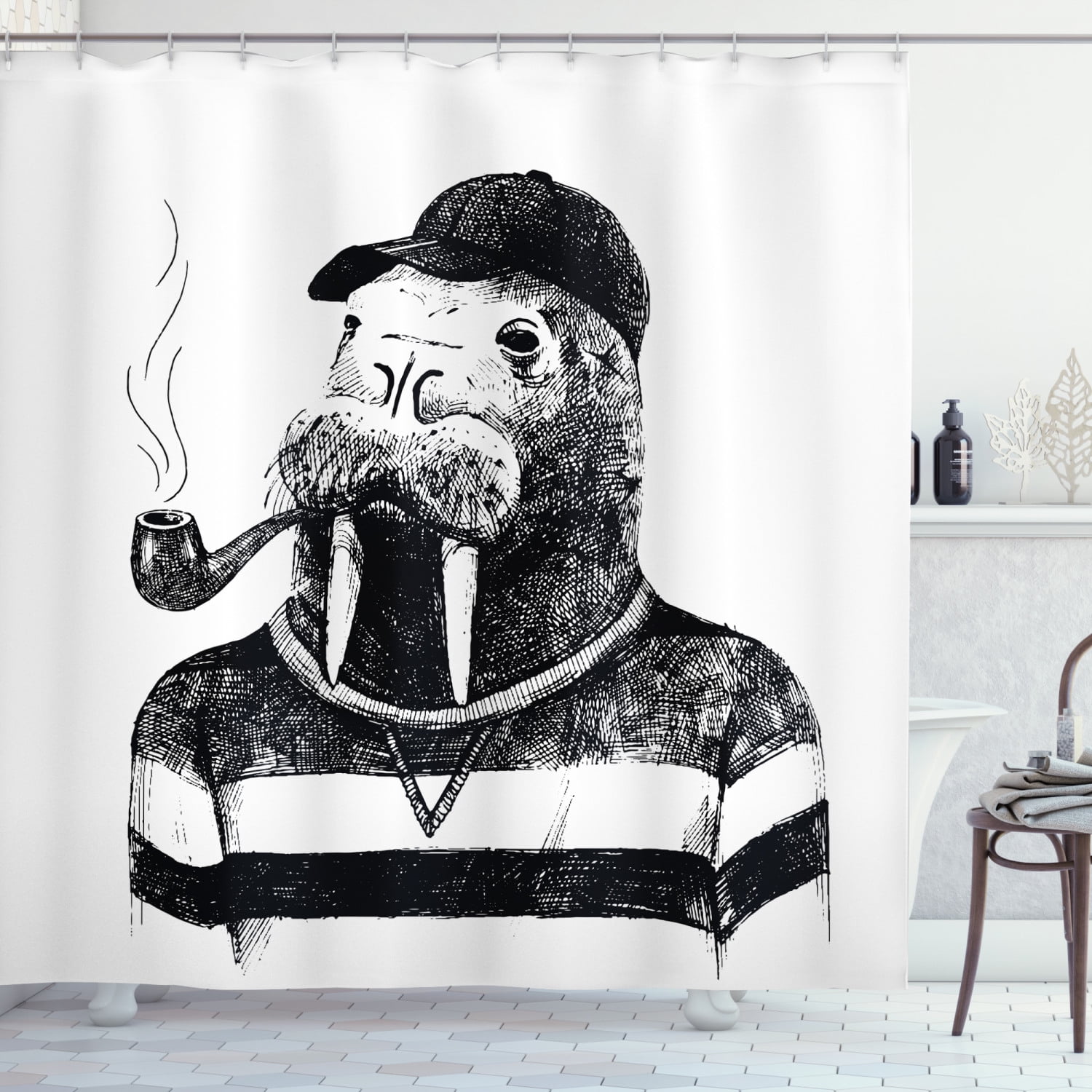 Indie Shower Curtain, Hand Drawn Dressed Up Walrus Animal Long Teeth ...