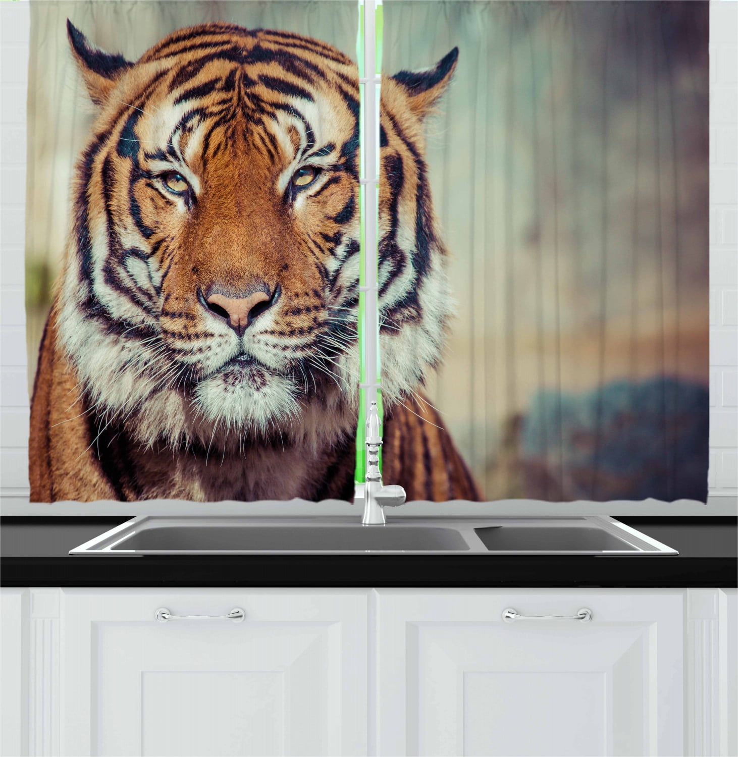 Tiger Curtains 2 Panels Set, Large Feline in a Calm State with Blurred ...