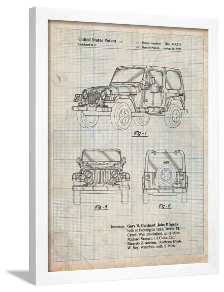 Jeep Wrangler 1997 Patent, Framed Art Print Wall Art by Cole Borders ...