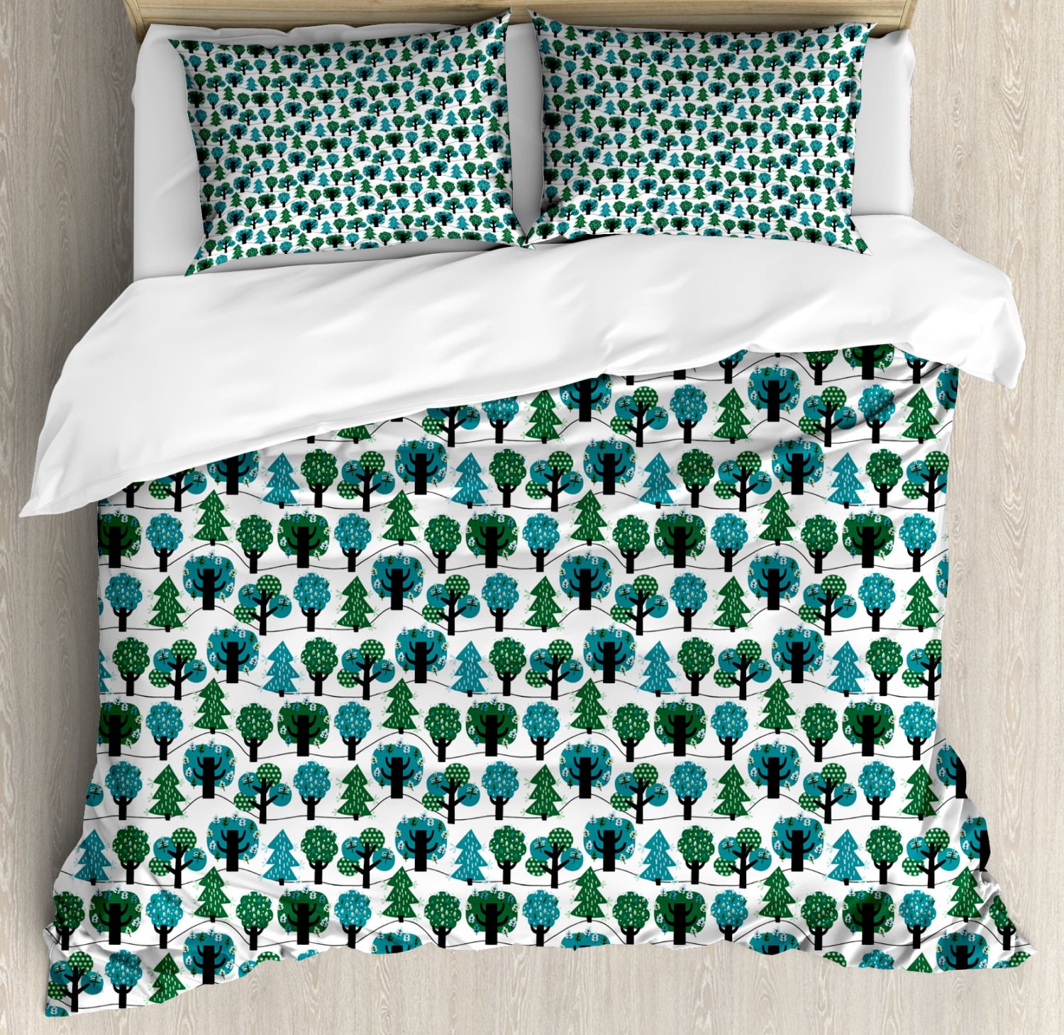 Forest Duvet Cover Set Queen Size, Repeating Pine and Oak Trees in ...