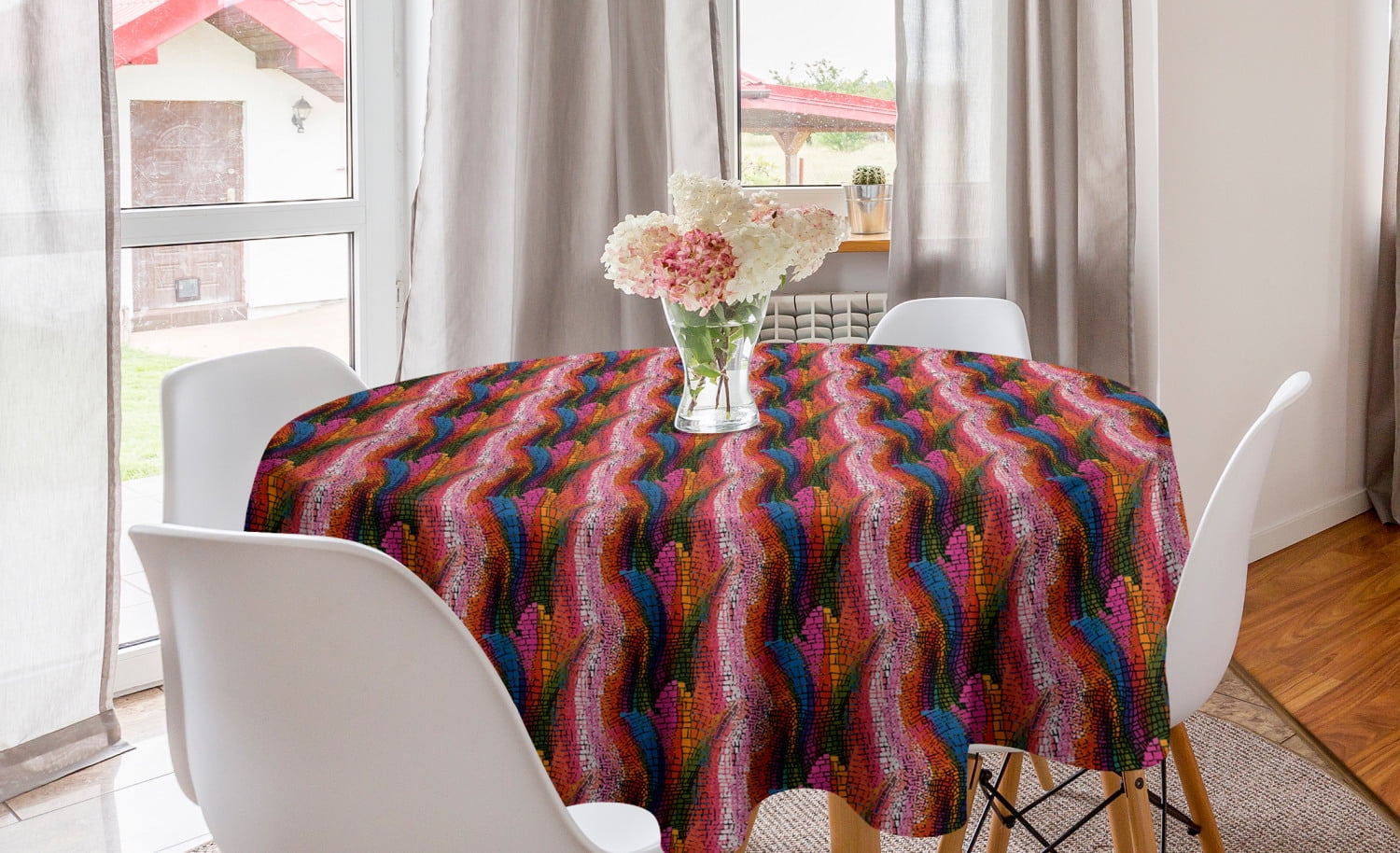 Modern Round Tablecloth, Abstract Rainbow Vivid Colorful Ombre Mosaic ...
