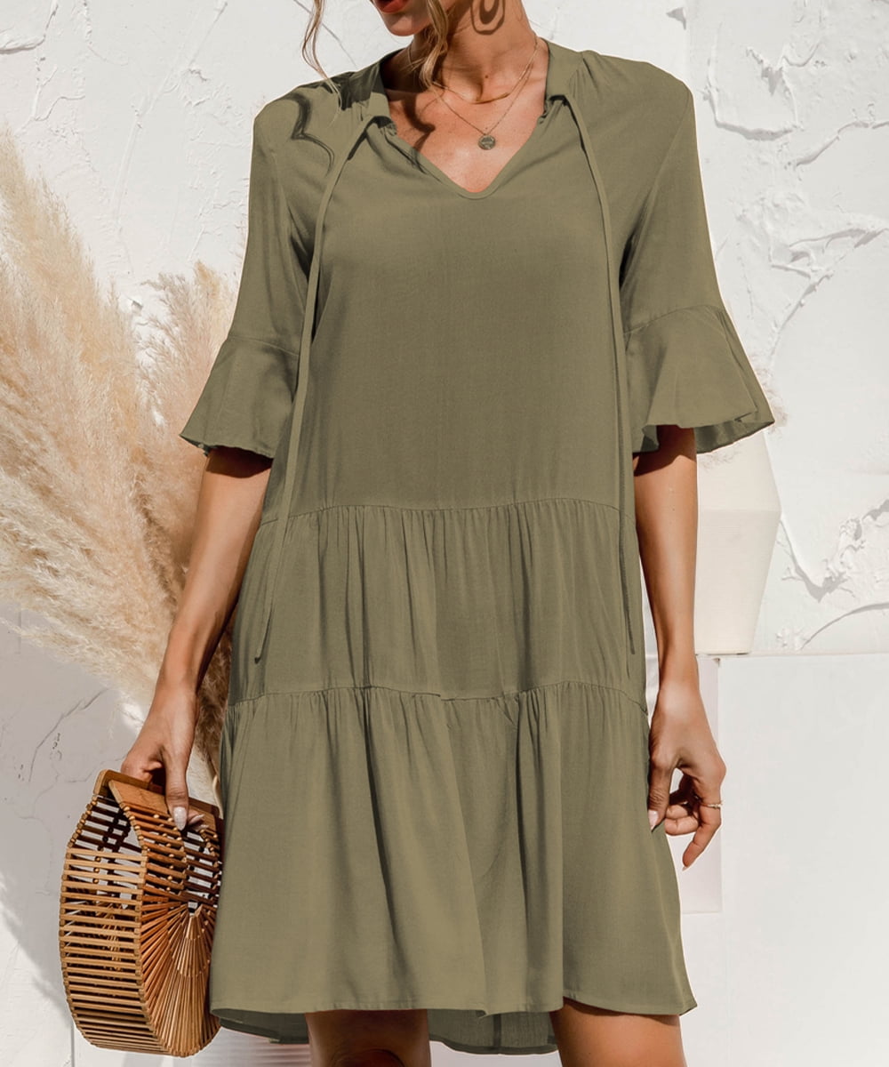 Mengpipi Women Summer V-neck Flared Sleeve Cake Stitching Dress Mini ...