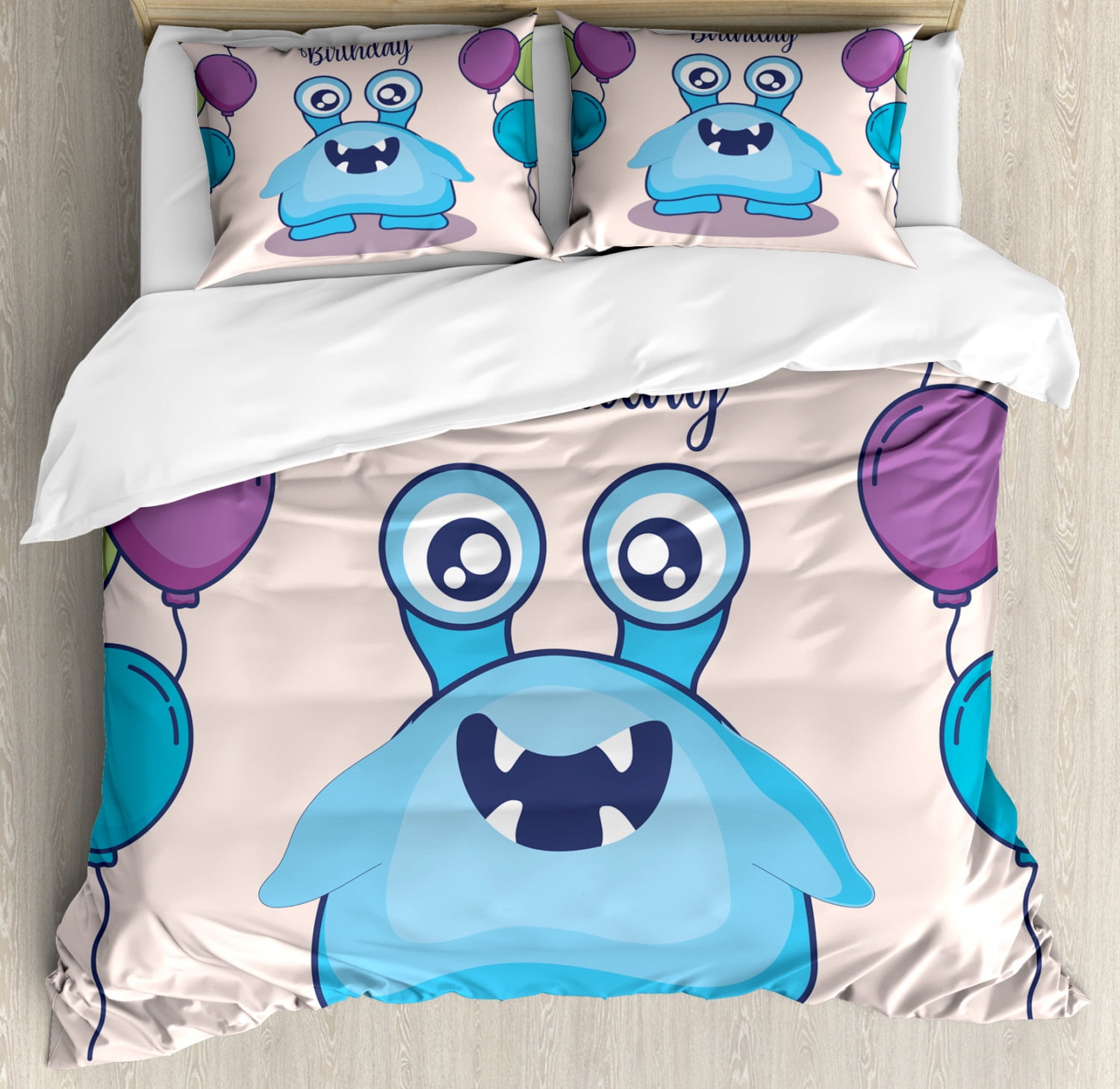 Alien Duvet Cover Set Queen Size, Happy Birthday Typography with Funny ...