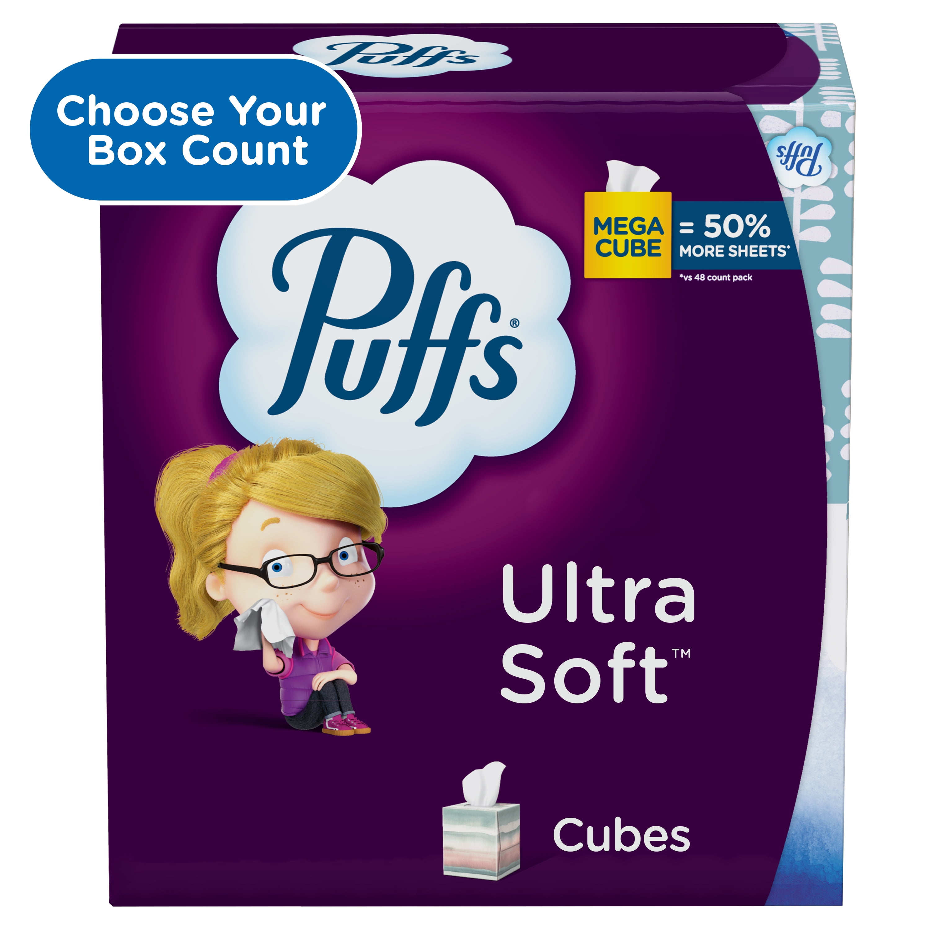 Puffs Ultra Soft Facial Tissues, Mega Cube, 72 Facial Tissues Per Box ...