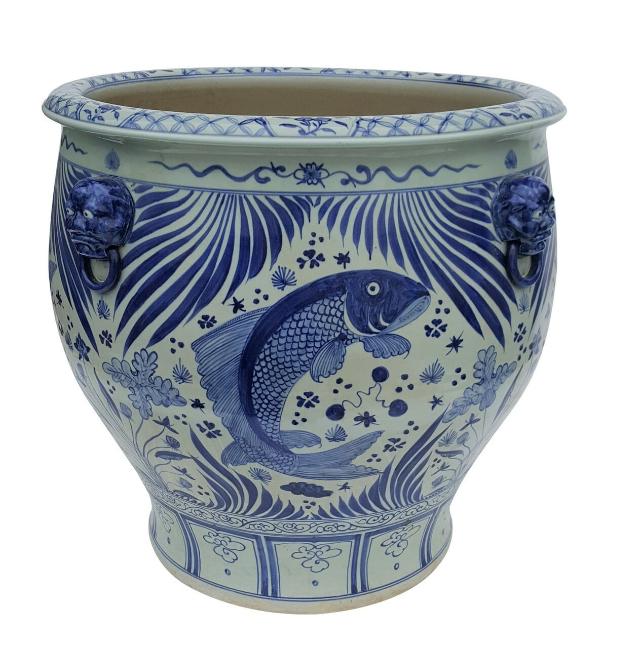 Blue & White Porcelain Planter Asian Koi Fish Design, 16" Diameter ...