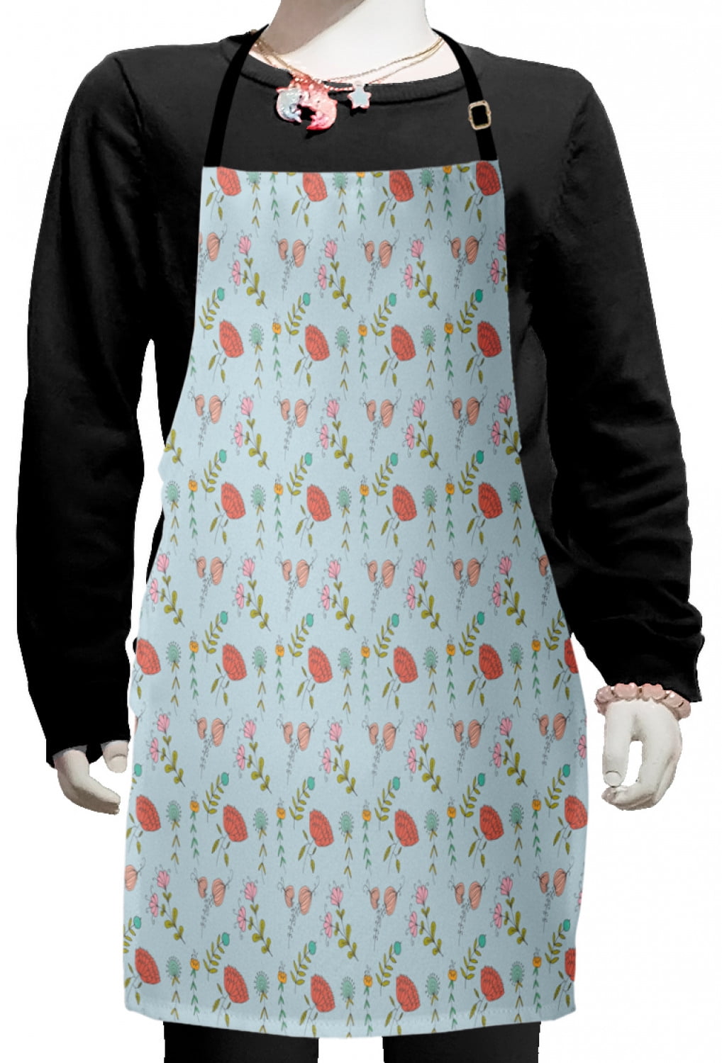 Botanical Kids Apron, Doodle Blooms Leaves Gardening Lily Pansy Peony ...