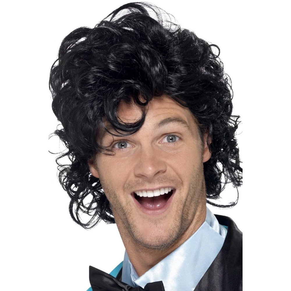 26" Night Black 1980 Prom King Perm Men Adult Halloween Wig Costume ...