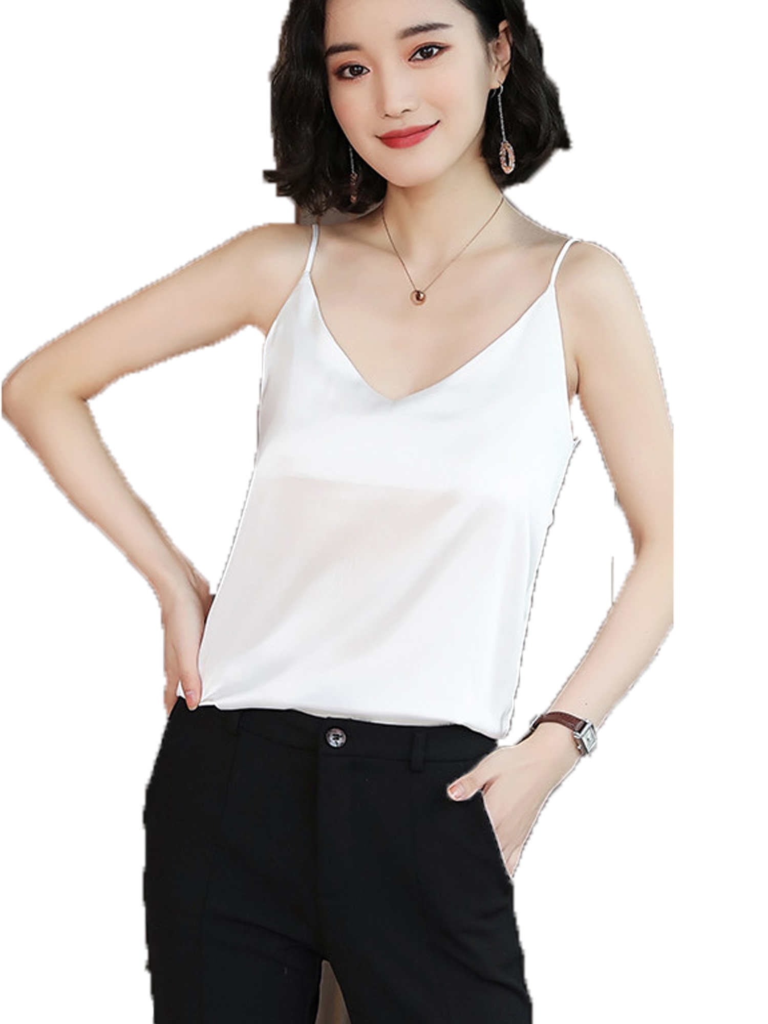 Pudcoco Womens Satin Silk Camisole Cami Spaghetti Strap Vest Top Blouse