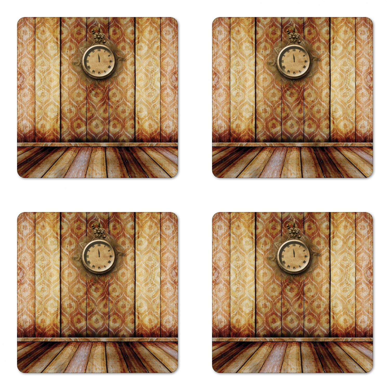 Victorian Coaster Set of 4, Antique Clock on Medieval Style Wall Wooden ...