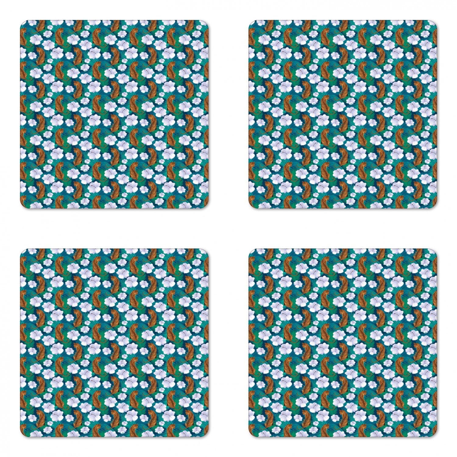 Tropical Coaster Set of 4, Floral Jungle and Leopards Hibiscus Blossoms ...