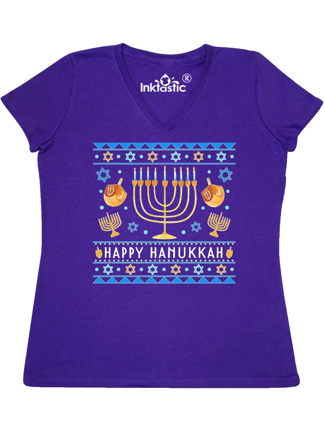 Inktastic Happy Hanukkah Sweater Style Design with Menorah and Dreidel ...