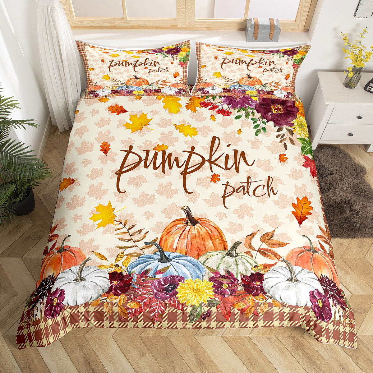 Autumn Harvest Theme Comforter Cover Maple Leaf Pumpkin Decor Duvet ...