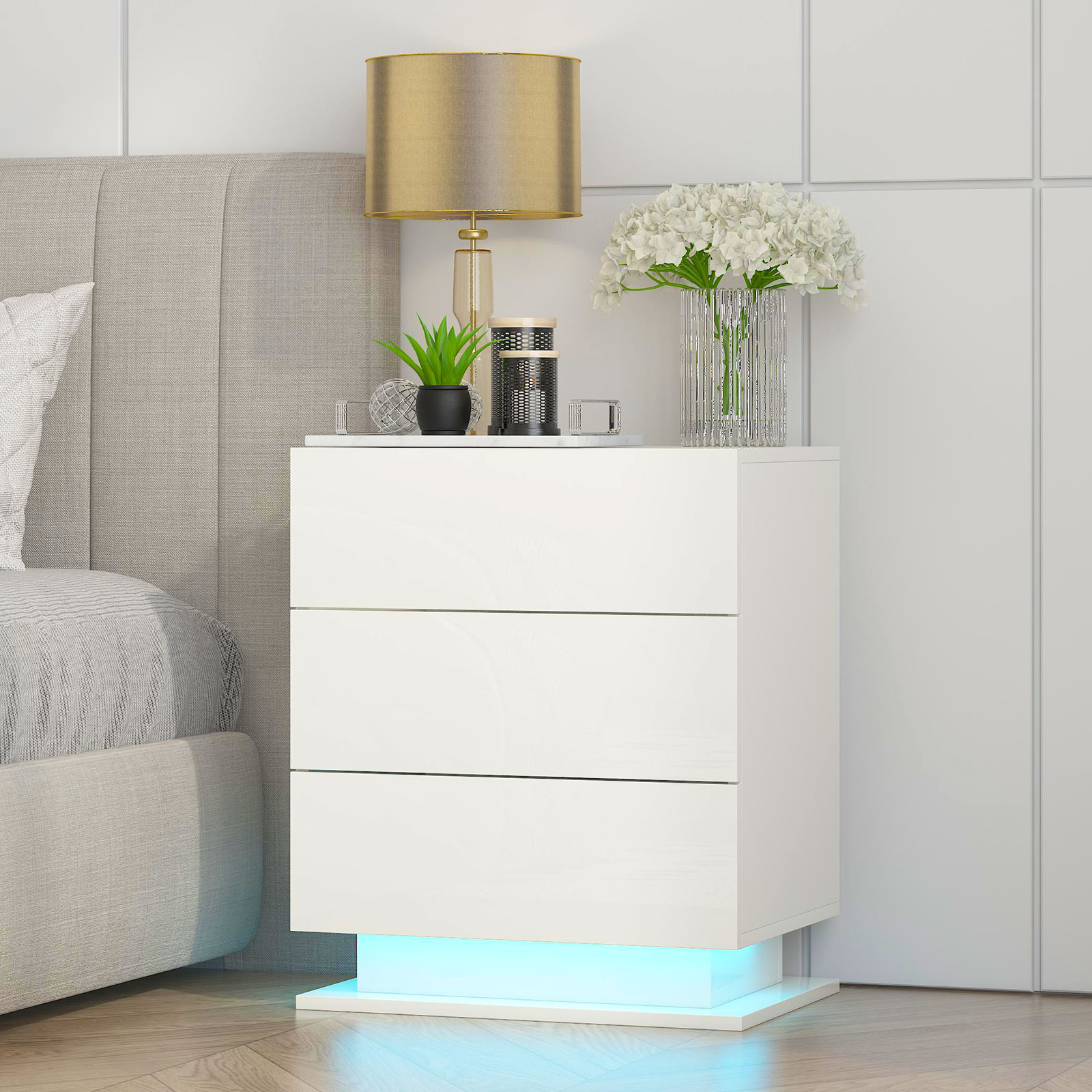 Hironpal LED Nightstand, Modern Bedside Table with 3 Drawers and RGB ...
