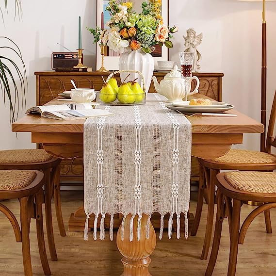 Nvzi Farmhouse Table Runner, Rustic Runners with Tassels, Cotton Linen ...