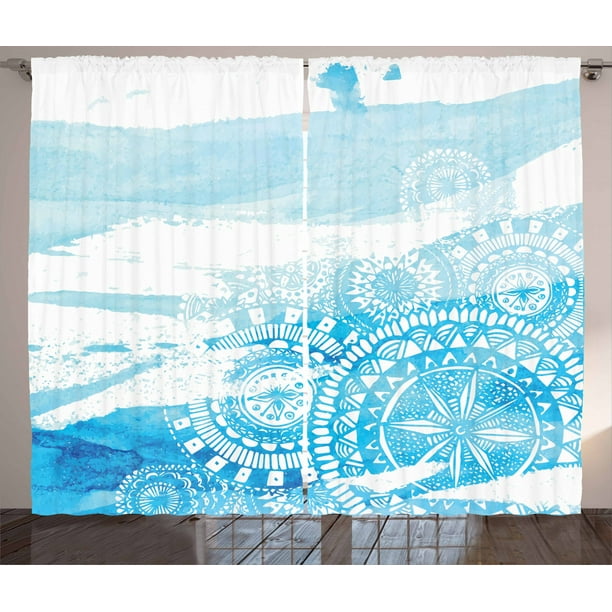 Vintage Blue Curtains 2 Panels Set, Lace Inspired Oriental Design with ...