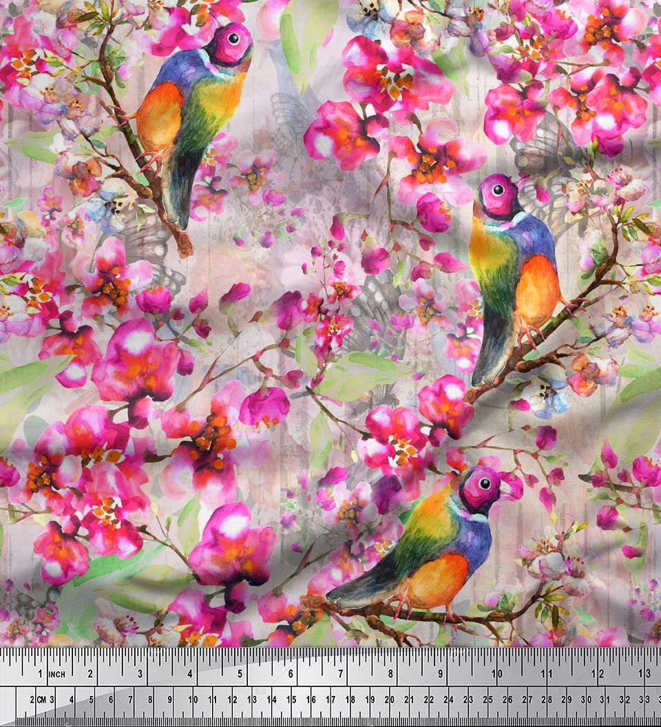 Soimoi Pink Satin Silk Fabric Stripe,Floral & American Robin Bird Print ...