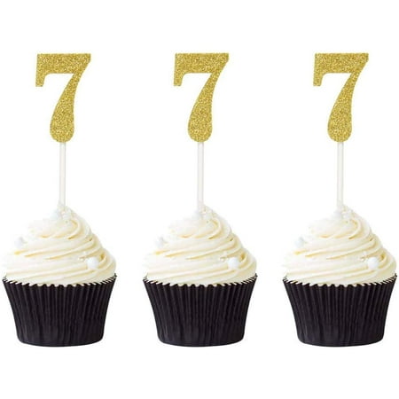 Pack of 24 Number 7 Cupcake Toppers Gold Glitter 7th Birthday Cupcake ...