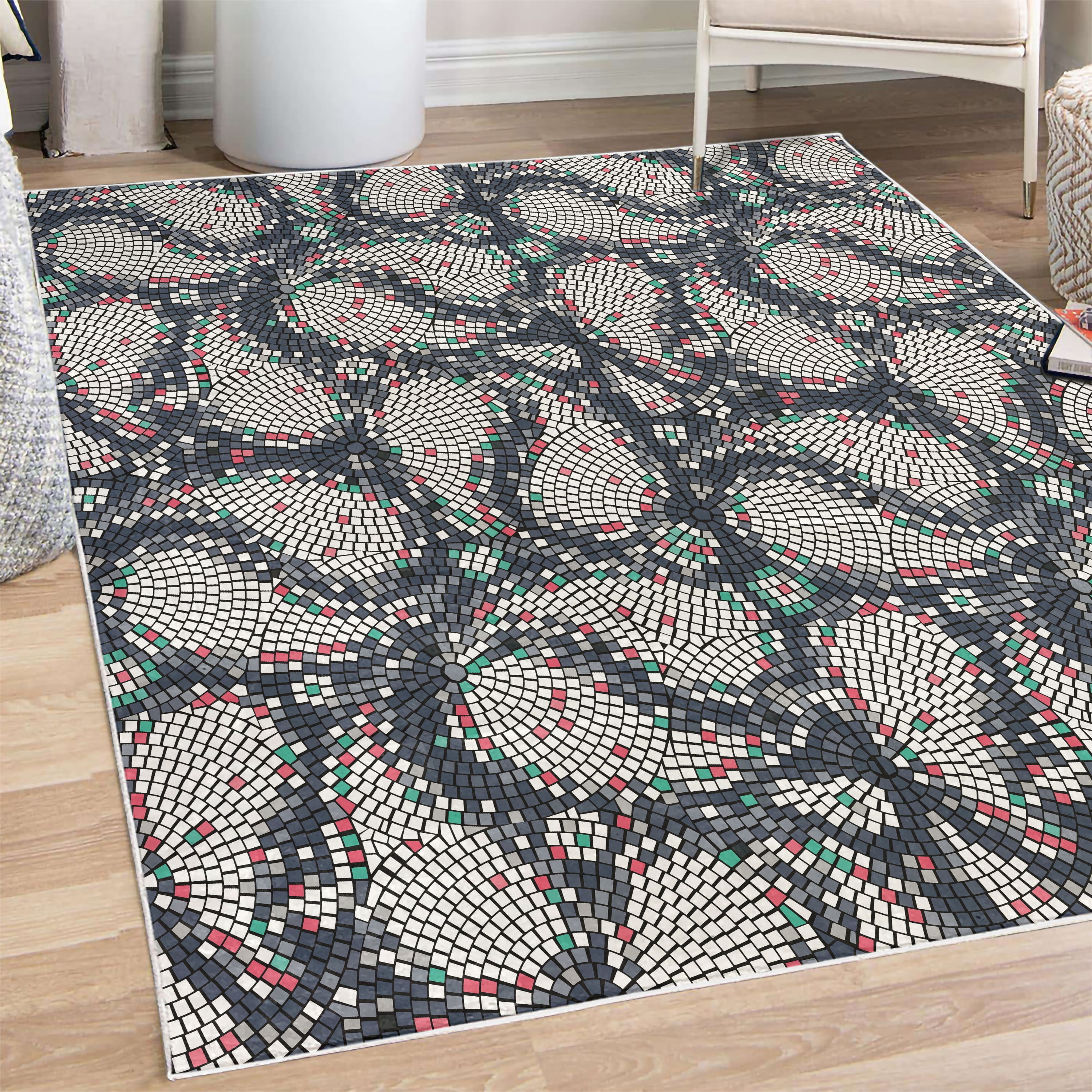 Paisley Decorative Rug, Modern Mosaic Like Circled Design with Teardrop ...