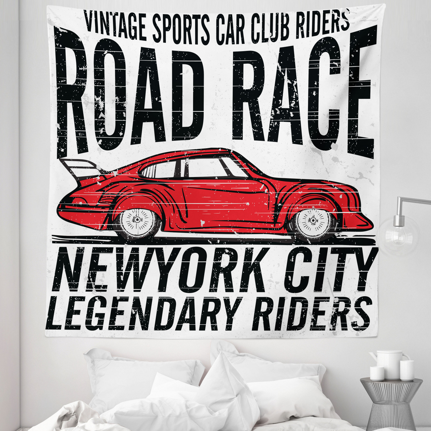 Car Tapestry, Vintage Sports Road Race Riders Hand Lettering with ...