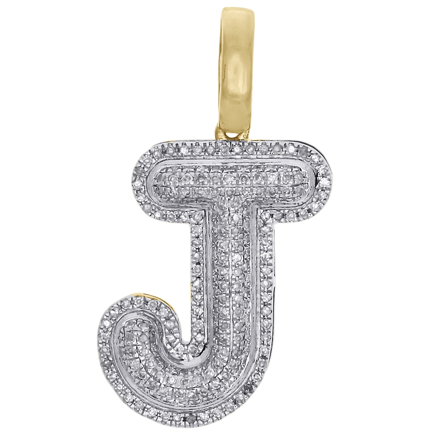 10K Yellow Gold Roumd Diamond J Initial Bubble Pendant Pave Dome Charm ...